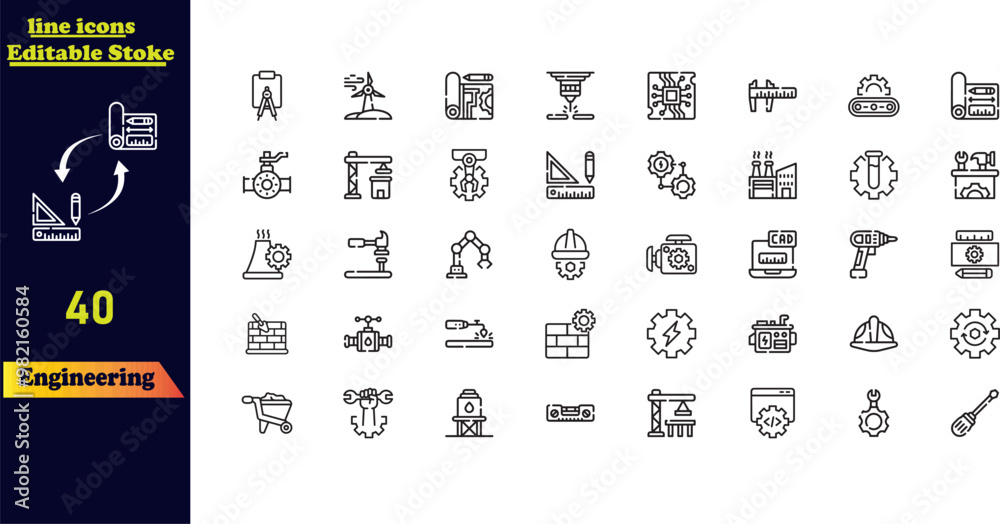 Editable stroke icon set for engineering, featuring icons for ...