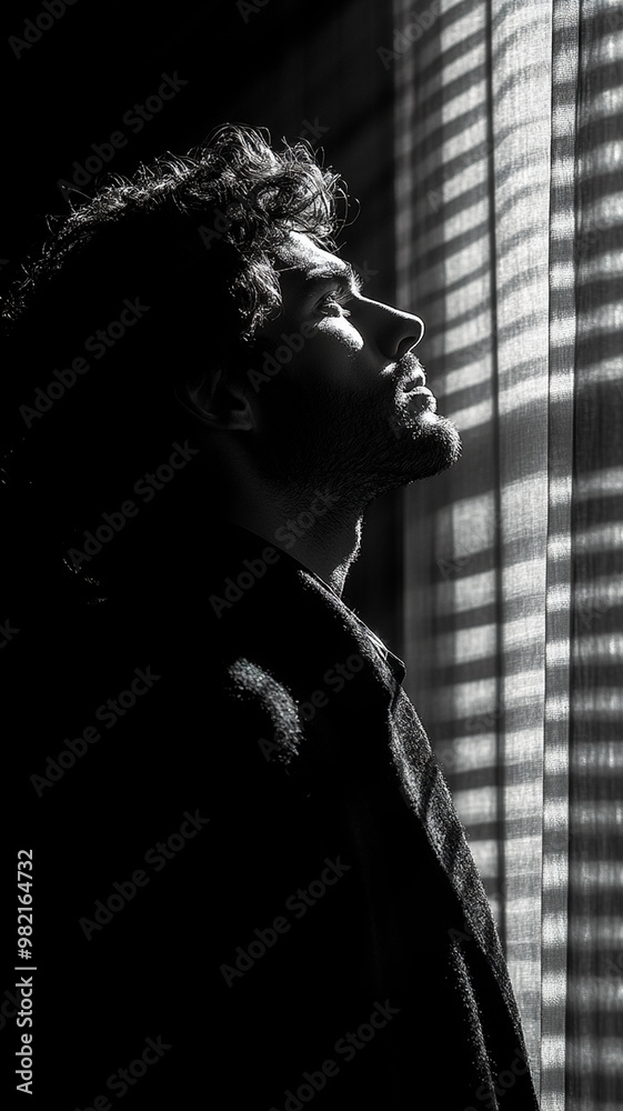 Retrato en silueta de un empleado de pie junto a una ventana, mirando ...