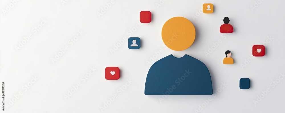 A concept of a large user icon with smaller icons interacting around it ...