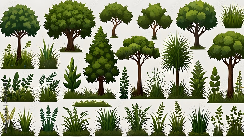 Vector set, collection of cartoon plants, trees, and grass, isolated on ...