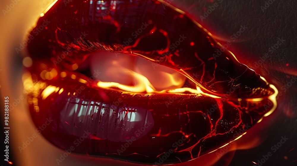 Fiery close-up of glossy red lips with flames wrapping around them ...