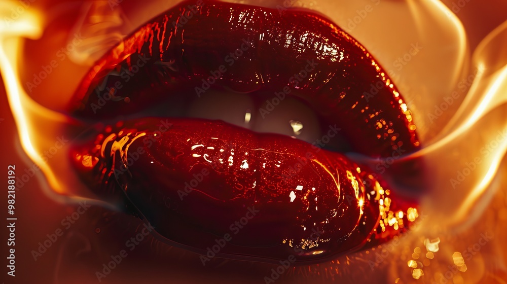 Fiery close-up of glossy red lips with flames wrapping around them ...