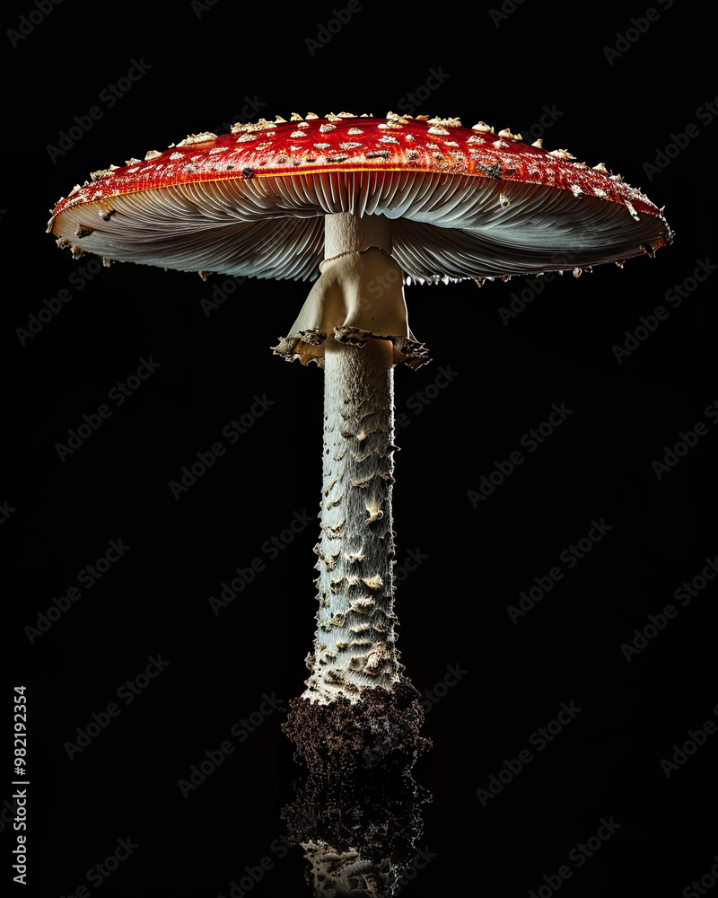 Striking Amanita Muscaria Mushroom, Upright Position, Top-Lit on Black ...