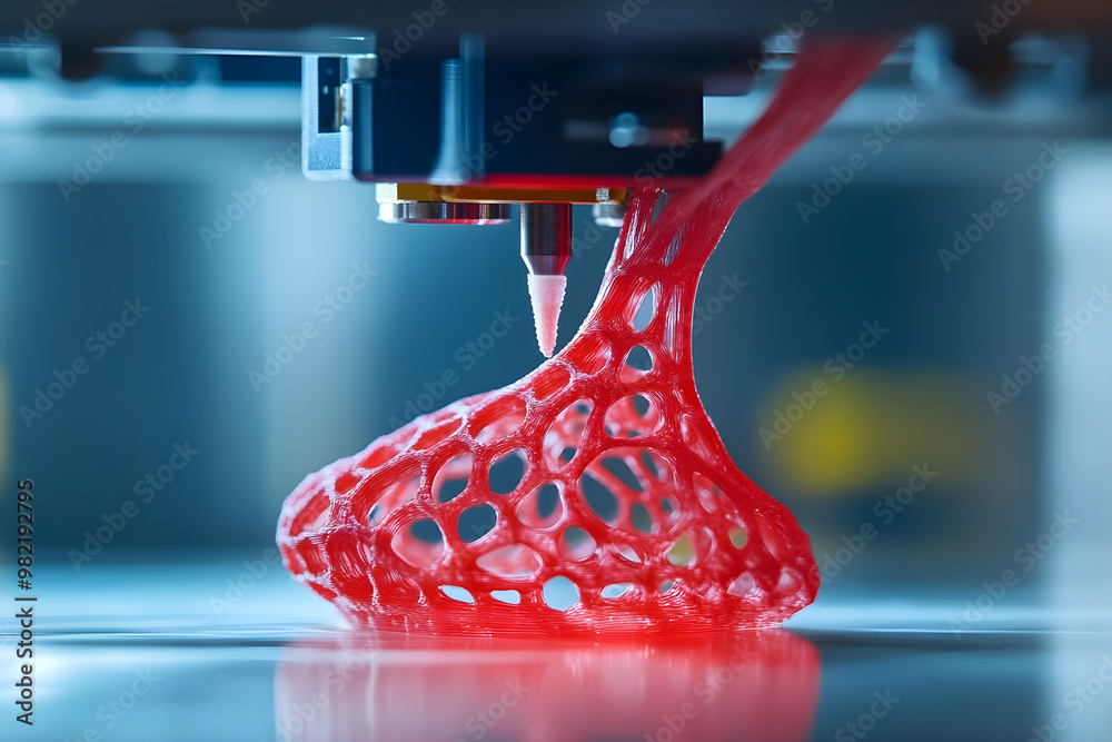 A detailed view of bioprinter creating complex, red vascular structure ...