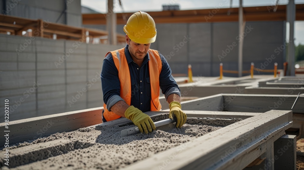 On-site house construction activities, highlighting building materials ...