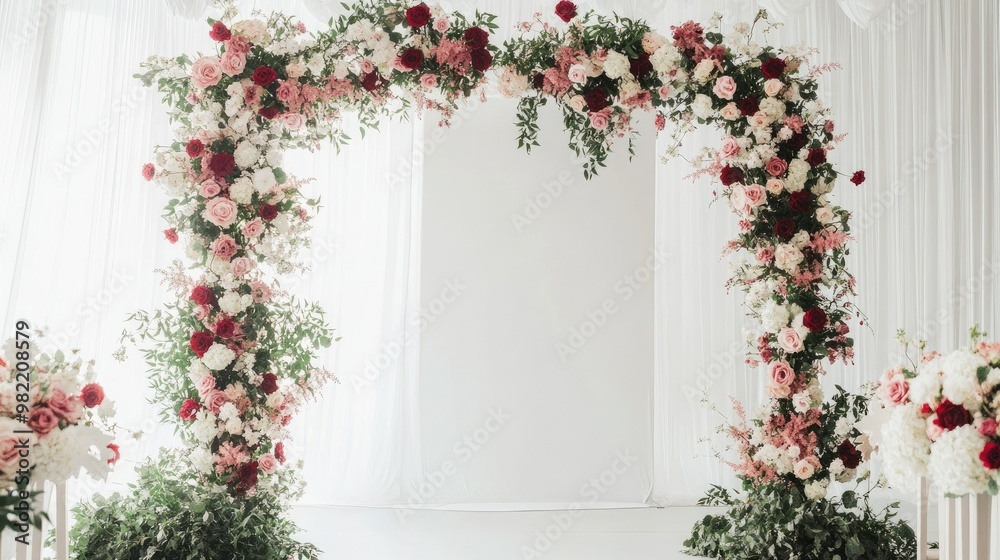 Romantic wedding arch covered in floral arrangements, set for a ...