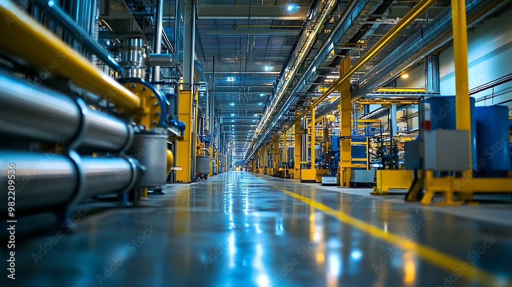 A factory interior with a detailed view of an overhead fire sprinkler ...