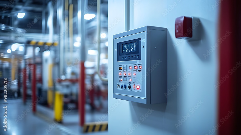 A fire alarm control panel mounted on a factory wall, surrounded by ...