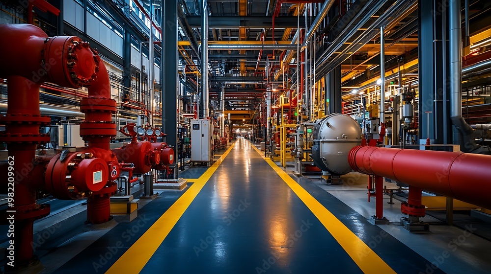 An industrial fire suppression system installed in a large factory ...