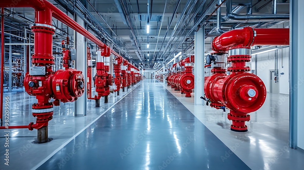 An industrial fire suppression system installed in a large factory ...