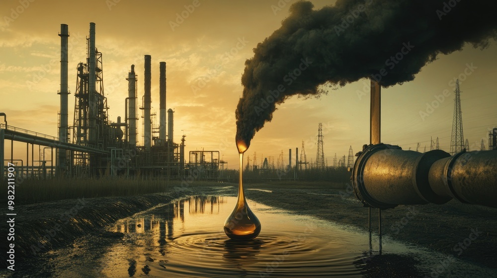 The final drop of oil falls from polluted pipes as smoke rises from the ...