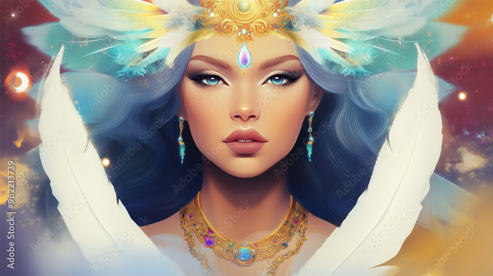 Digital Art of Fantasy Queen with Wings and Crown, Majestic Woman as ...