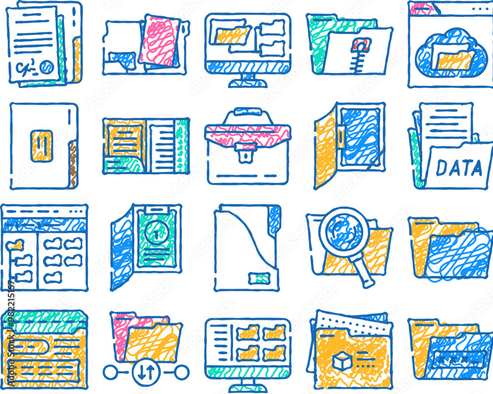 folder document business file doodle icons set vector. sketch line art office computer, paper ...