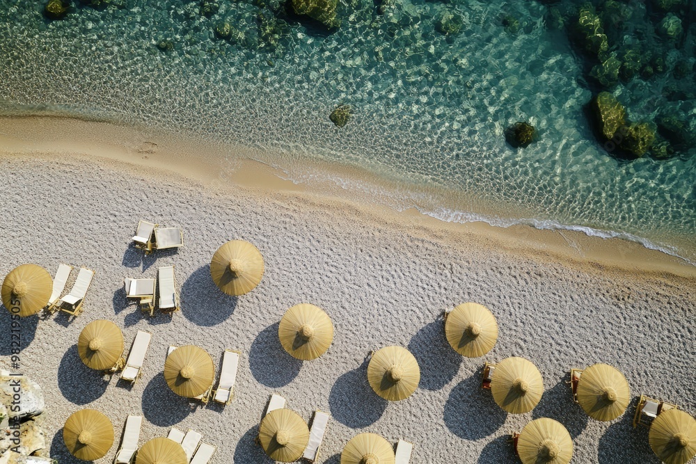 Beautiful aerial view of the beach with waves, the sea is blue and ...