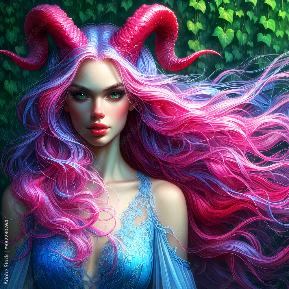 Fierce red horn faun hornfae with pink and silver flowing long hair ...