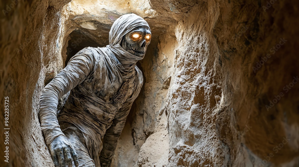 A mysterious mummy emerges from an ancient tomb, showcasing eerie ...