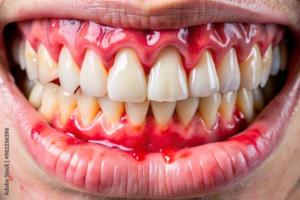 Bleeding, inflamed gums with pocketing and receding gums, evident ...