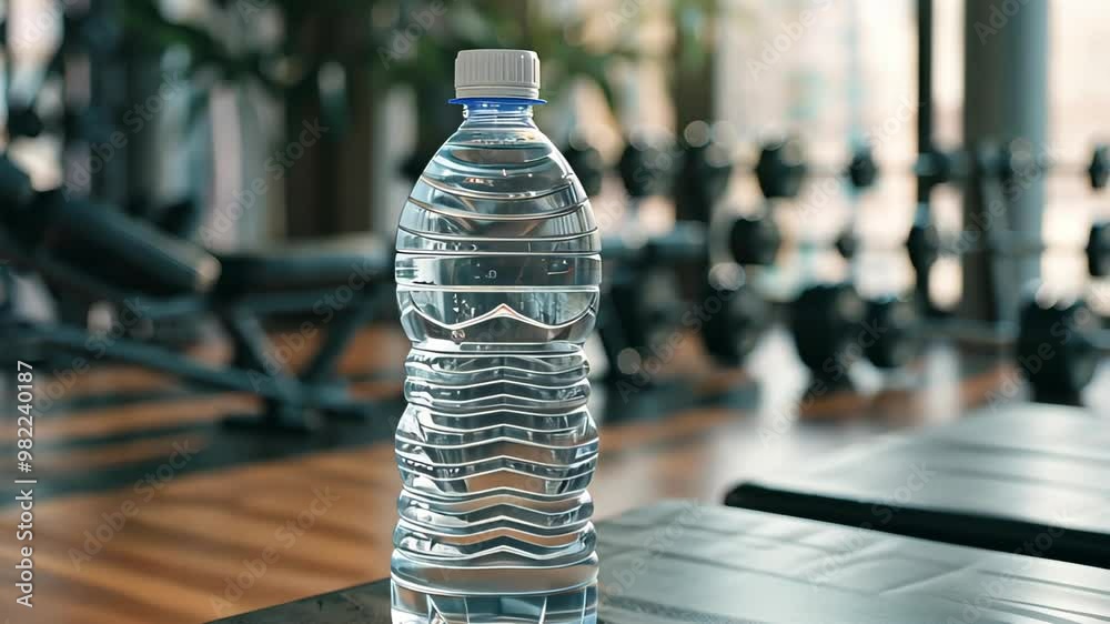 A close-up of a clear plastic water bottle filled with fresh water on a ...