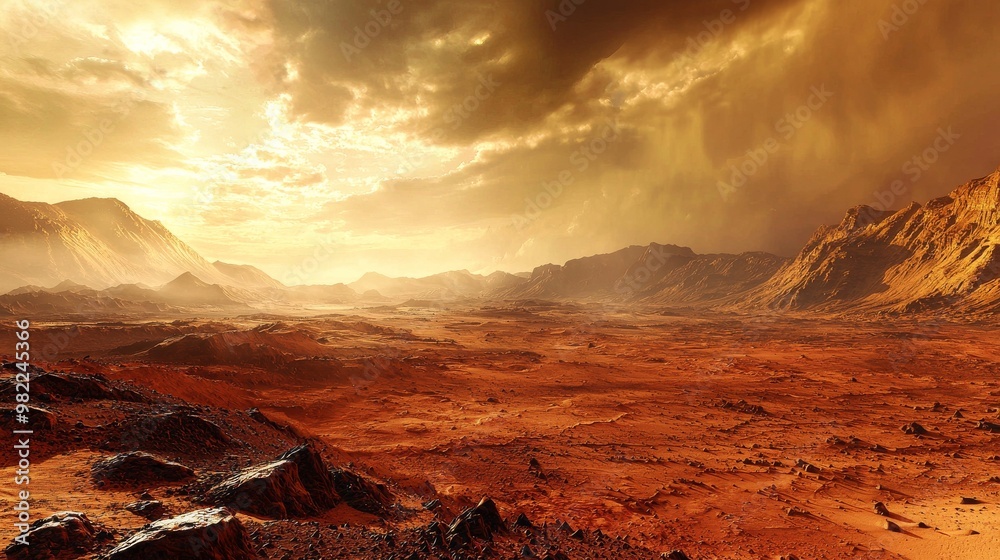 Vast Martian landscape with reddish hues, rocky terrain, and looming ...