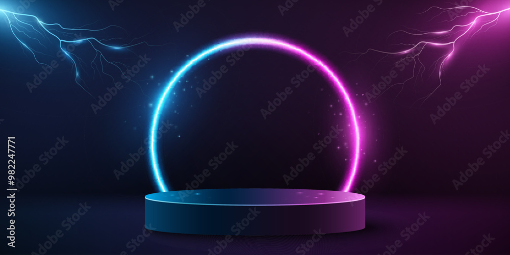 3d stage with thunderstorm background for dynamic show. Glowing podium ...
