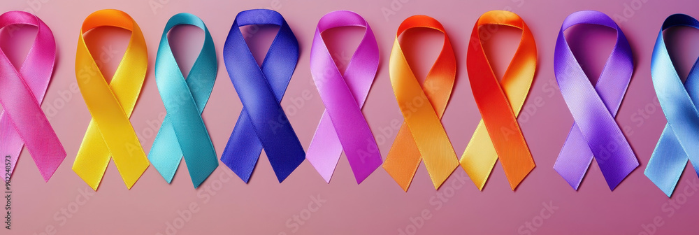 World Cancer Day. Ribbons of different colors on a pink background ...