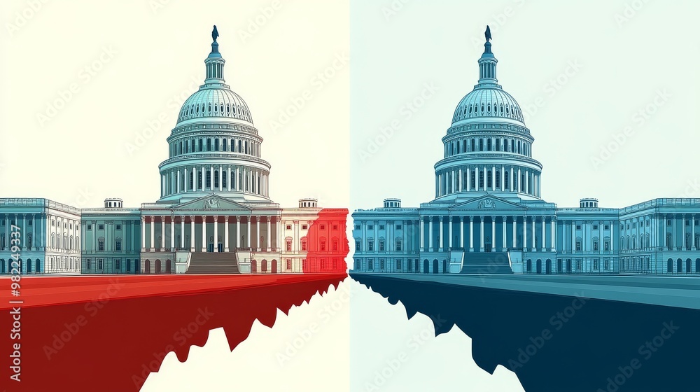 split screen of the us capitol building in red and blue representing ...