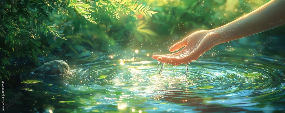 Hands carefully gathering water from a serene lake, the water clear and ...