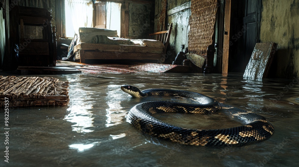 huge black and gold snake slithering on the flooded floor of an ...