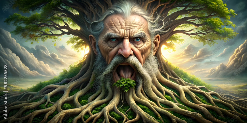 of N??h?ggr gnawing at the roots of Yggdrasil, the World Tree in Norse ...