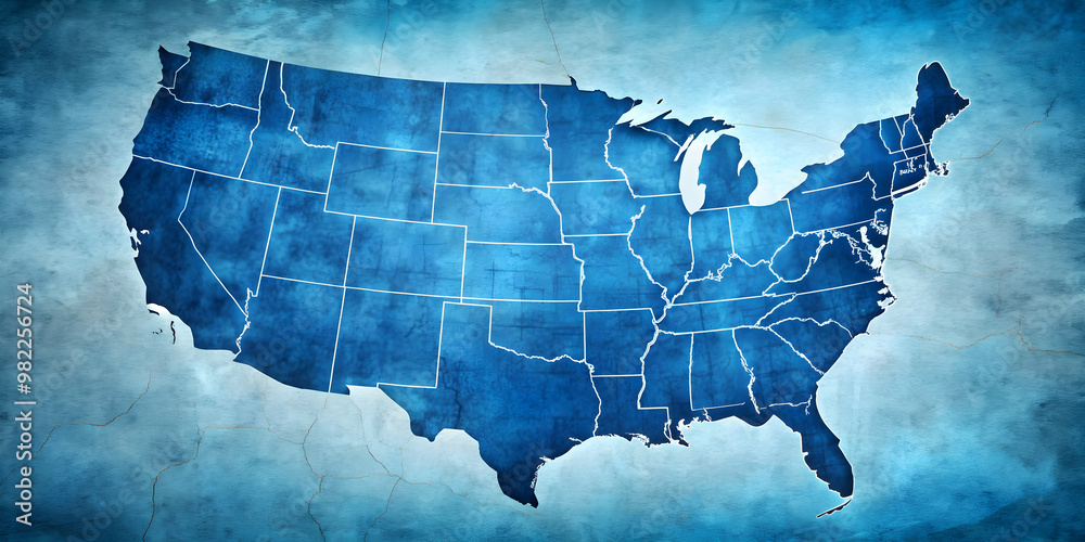 Blue USA map with borders and state names on grunge background, USA ...