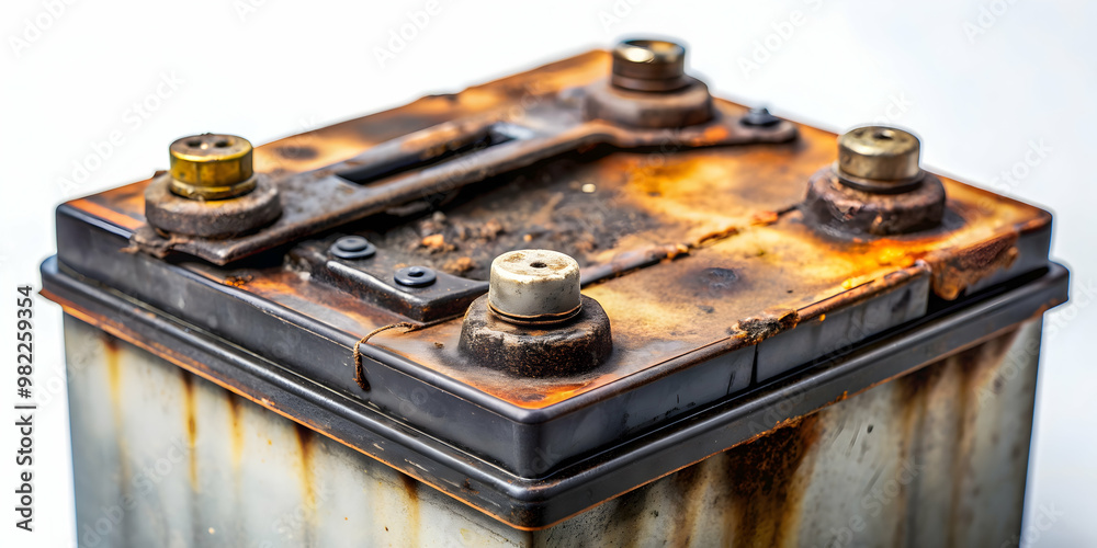 Close up of old battery covered in corrosion, with visible seal lead ...