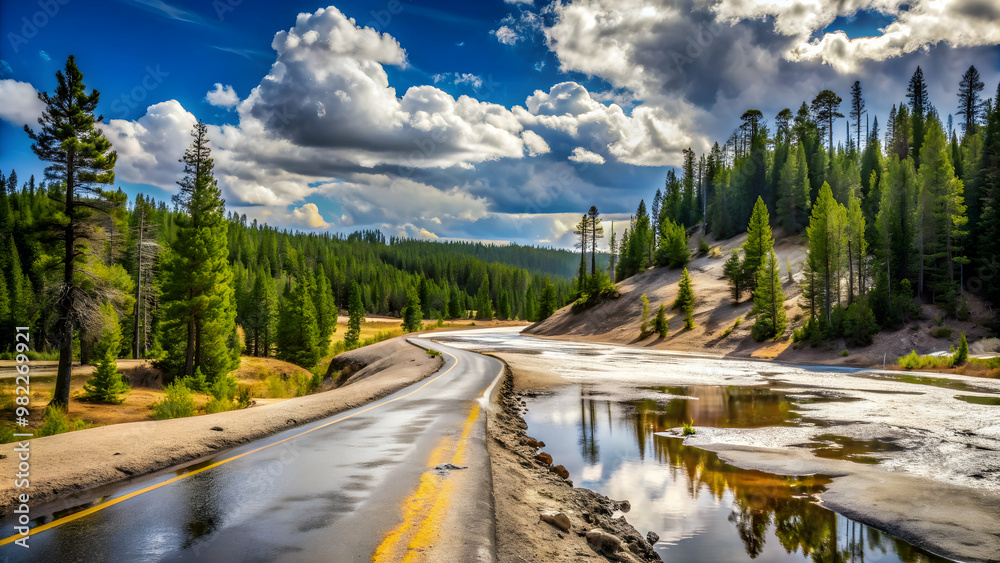 Washed out section of road in Yellowstone National Park, Yellowstone ...
