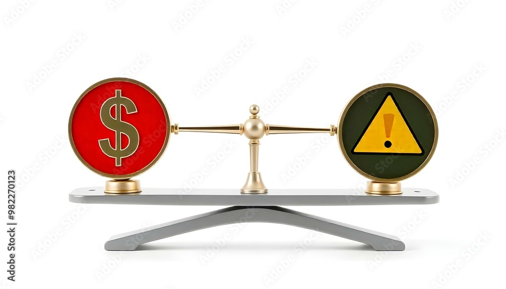 Balance scale with a $ dollar sign and caution sign representing the ...