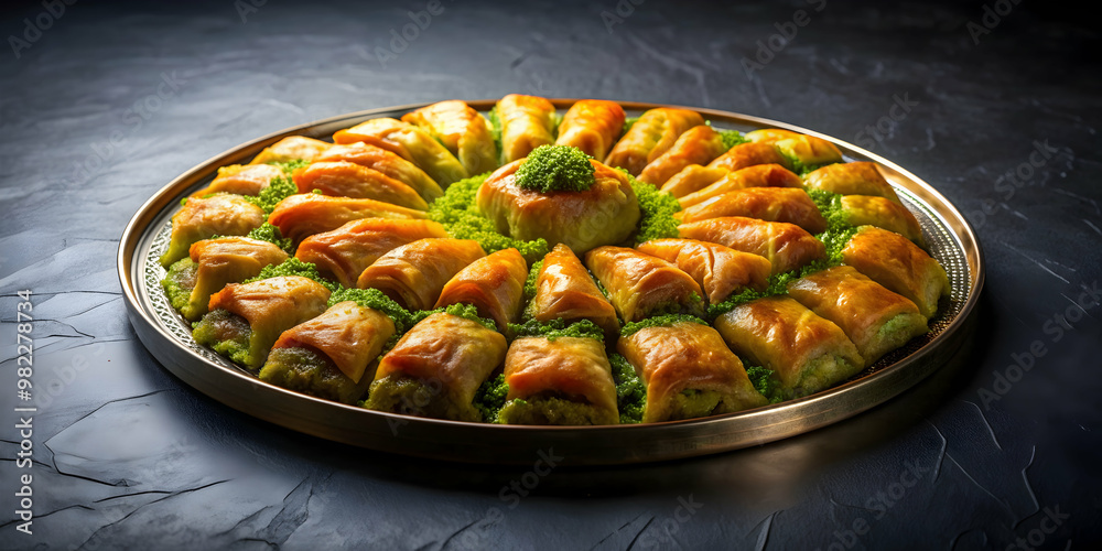 Turkish baklava served on a round tray with dramatic lighting, Turkish ...