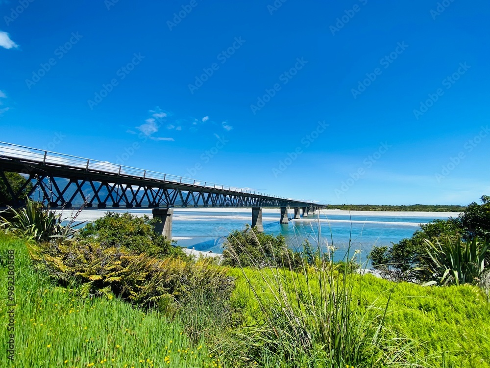 Scenic spot at Haast River Bridge, one lane bridge in Haast, West coast ...