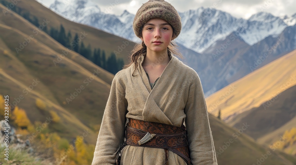 Proud Georgian Teenager in Traditional Chokha and Dagger Belt Against ...