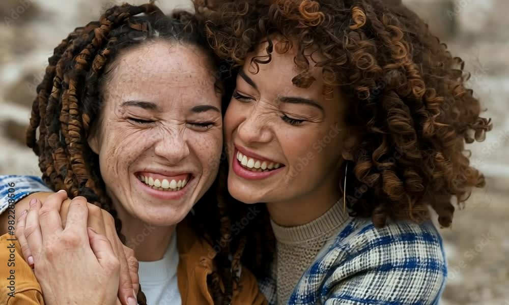 Friendship Moments: A mid-shot of two women of different races, hugging ...