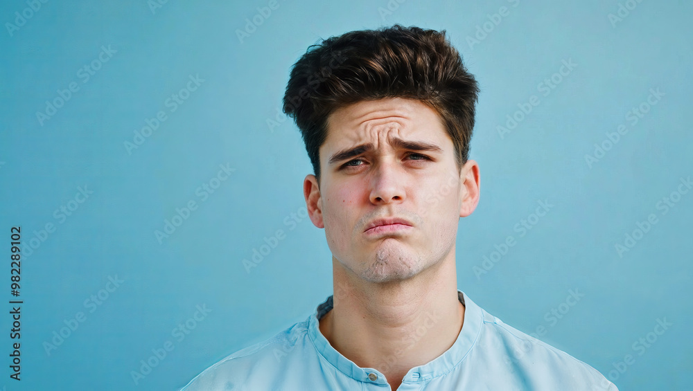 Unhappy young man with sad face, isolated blue background, emotional ...