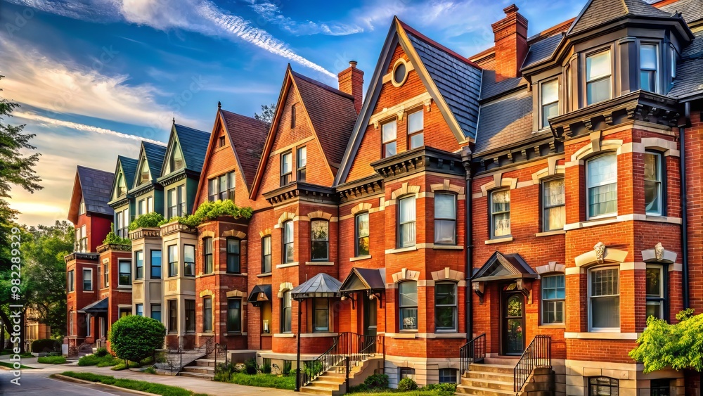 Vintage red-brick row houses, their ornate facades and steeply pitched ...