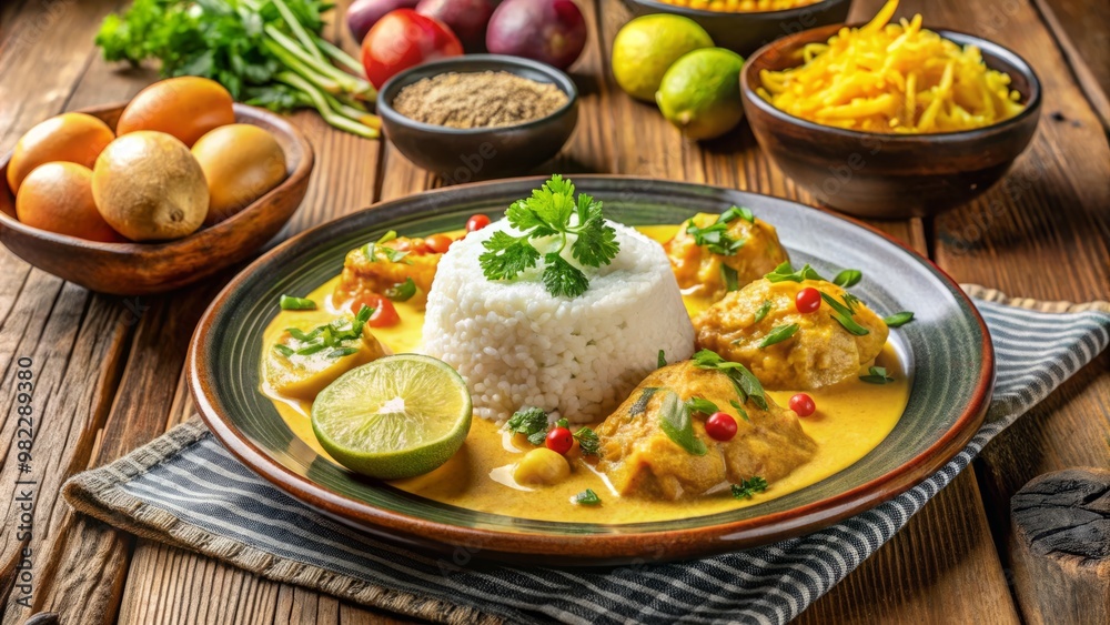 "Colorful plate of Aji de Gallina, creamy yellow chicken in ají ...