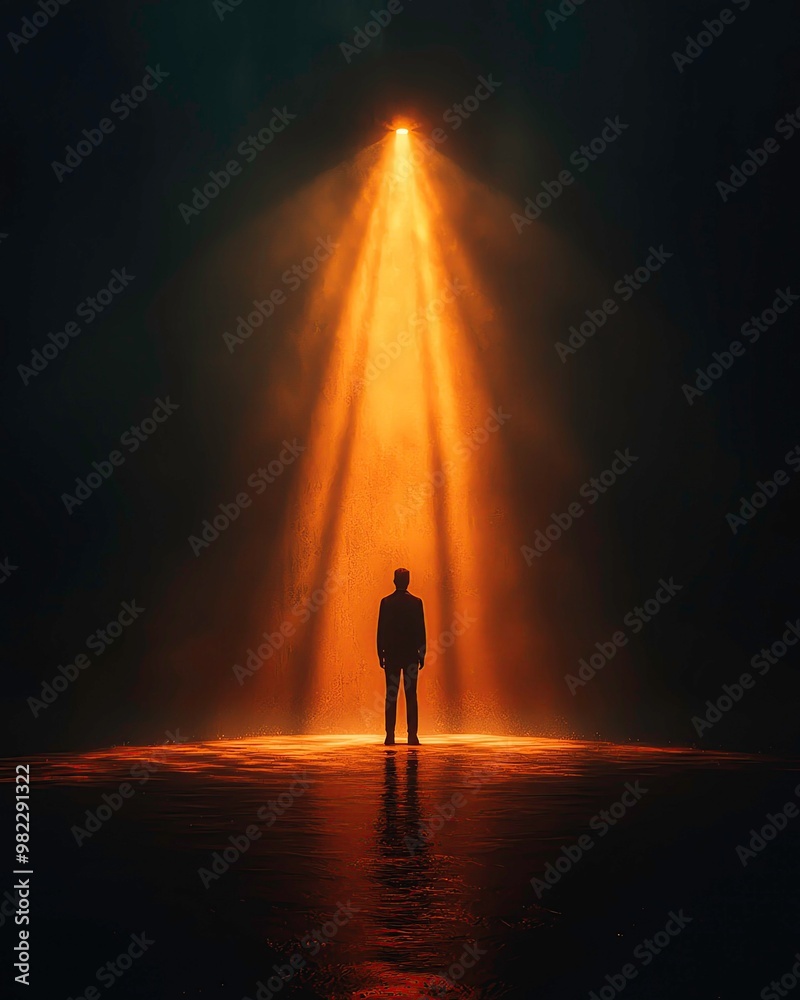 A solitary figure stands under a dramatic beam of light, creating an ...