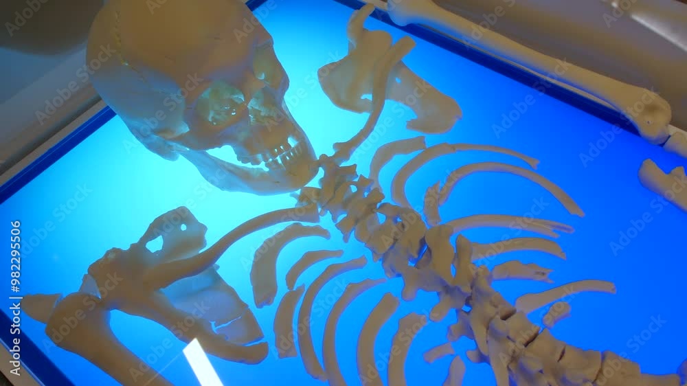 A detailed view of a human skeleton model lying on a brightly ...