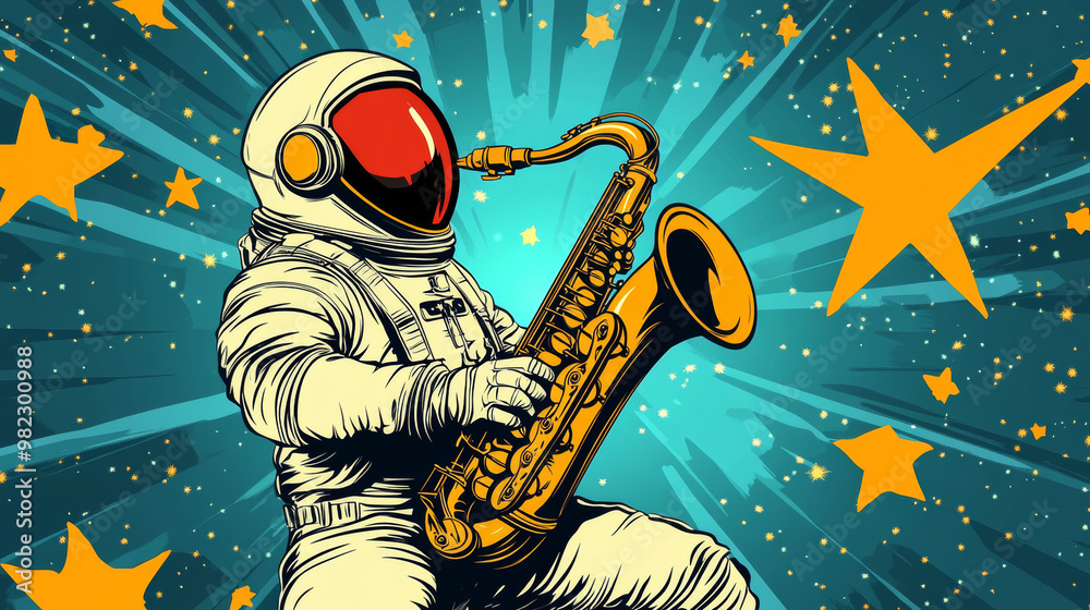 Astronaut playing jazz on a saxophone in space, depicted in a pop art ...