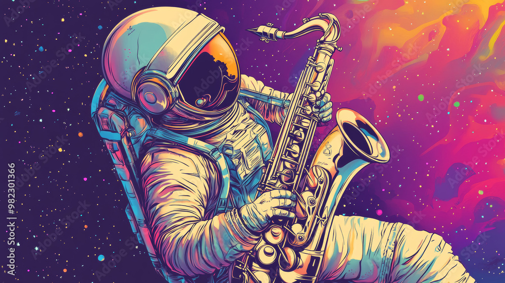 Astronaut playing jazz on a saxophone in space, depicted in a pop art ...