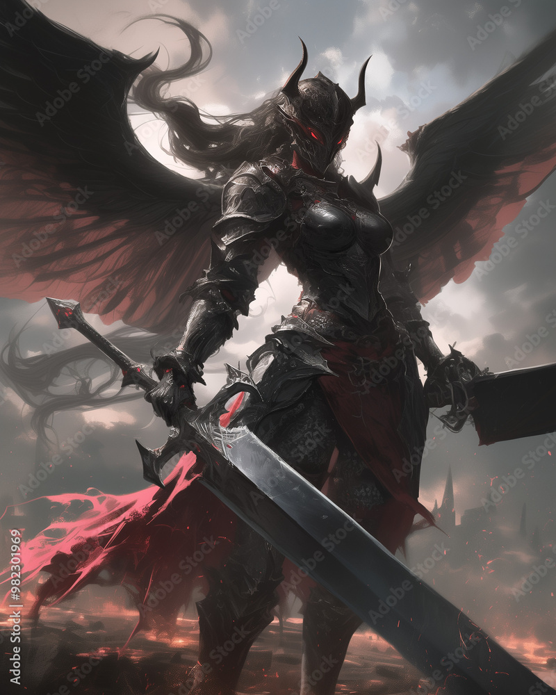 female fallen angel in dark armor with a large sword standing ready for ...