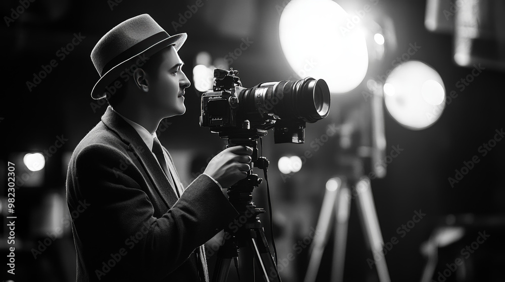 A retro-style illustration of a positive journalist conducting an ...