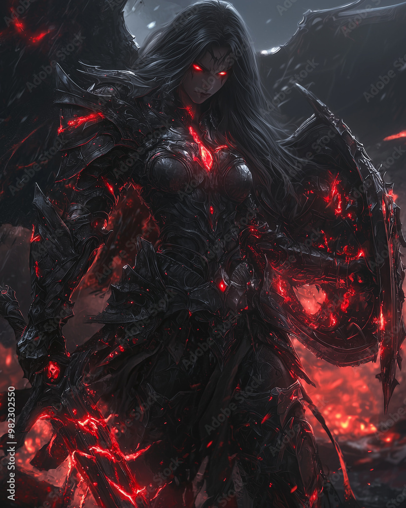 female fallen angel in dark armor with glowing red veins and sword ...