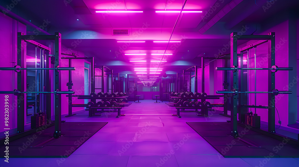 Wide angle photography of an empty modern gym room interior full of ...