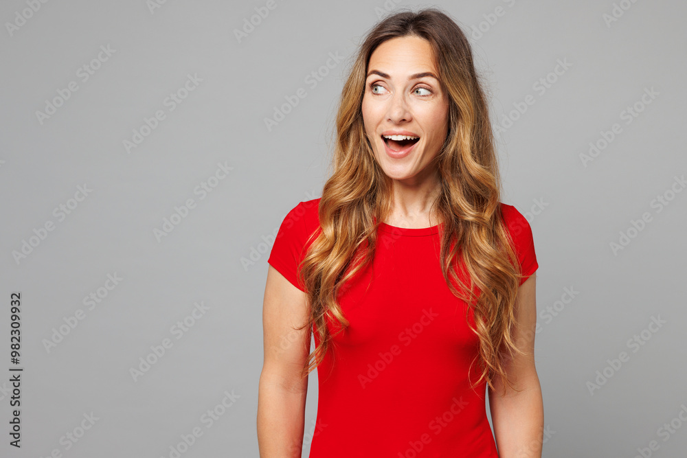 Young shocked surprised impressed fun cool excited happy woman she wear ...