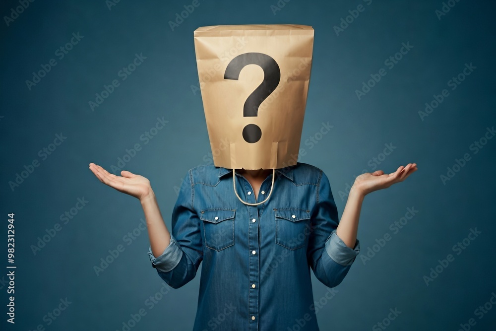 Person wearing a paper bag with a question mark on it over their head ...